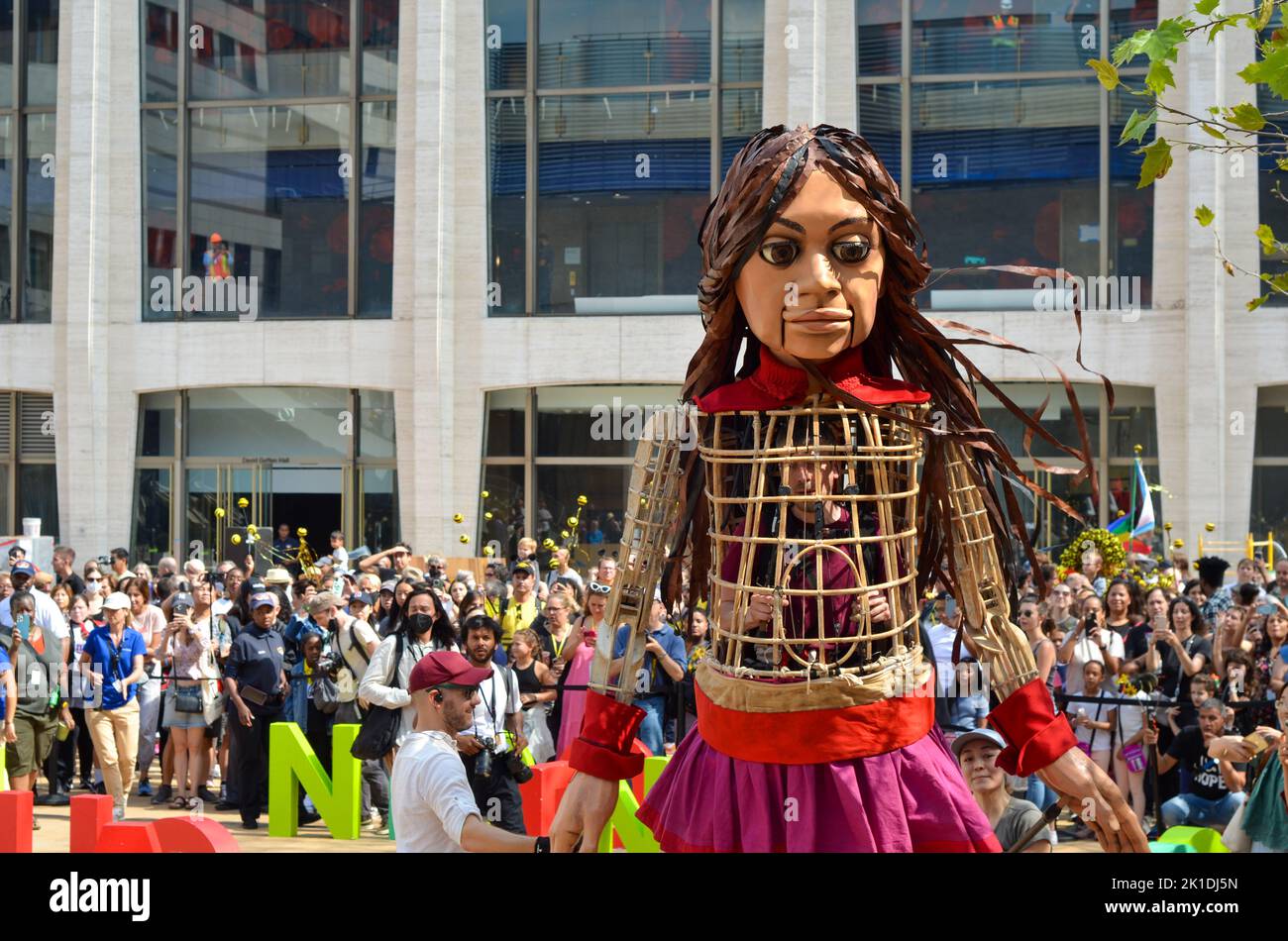 A giant puppet depicting a Syrian refugee girl called “Little Amal ...