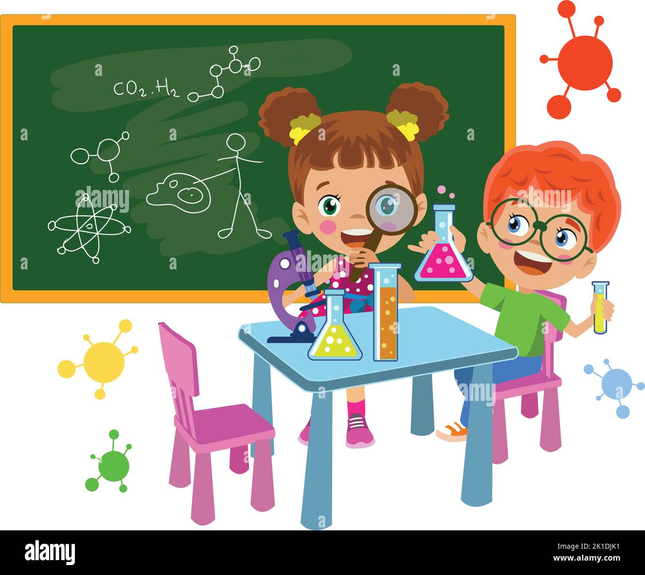 male and female student doing research, examination and experiment in ...