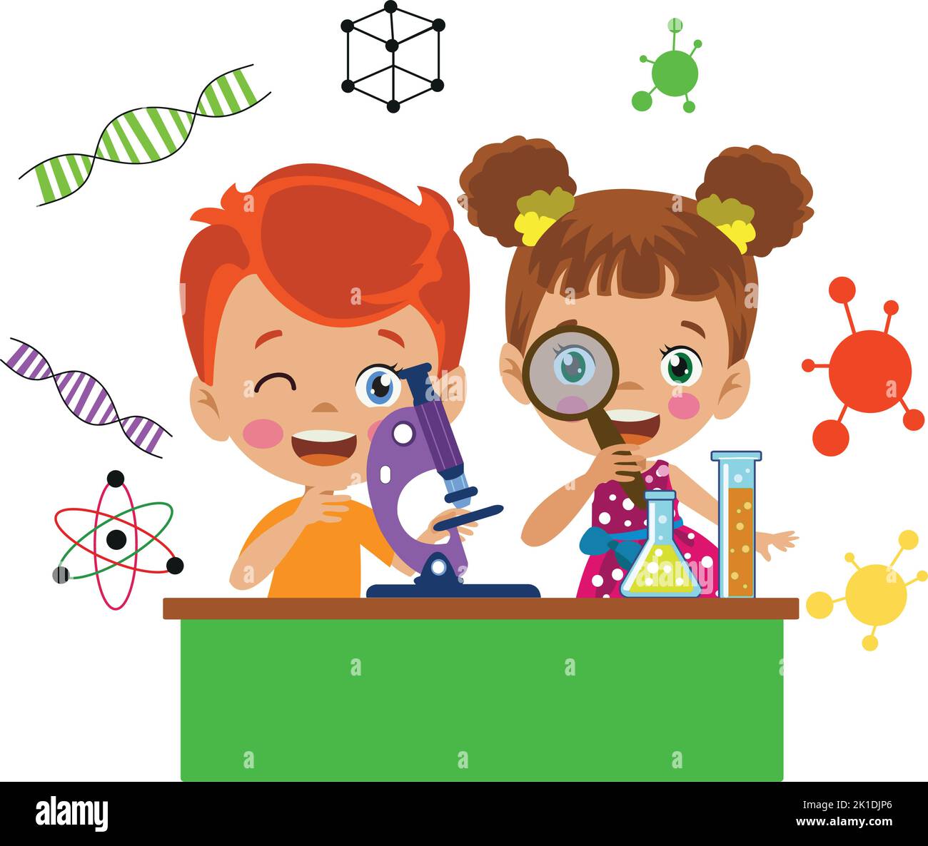 little girl and boy with a microscope doing experiments with a ...