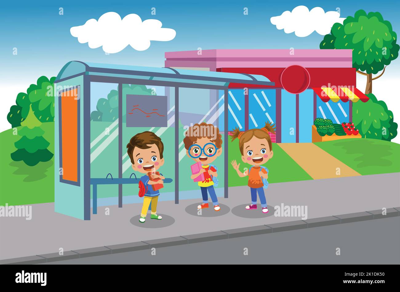 Happy Students Waiting For The Bus At The Bus Stop To Go To School ...