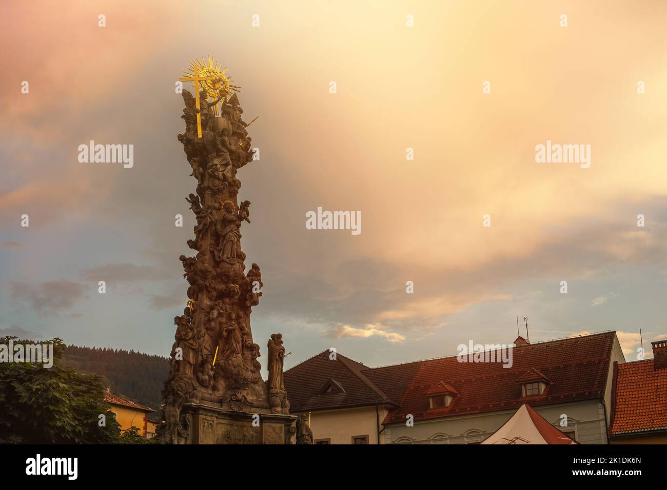 The holy trinity plaque column in historical town centre of Kremnica ...