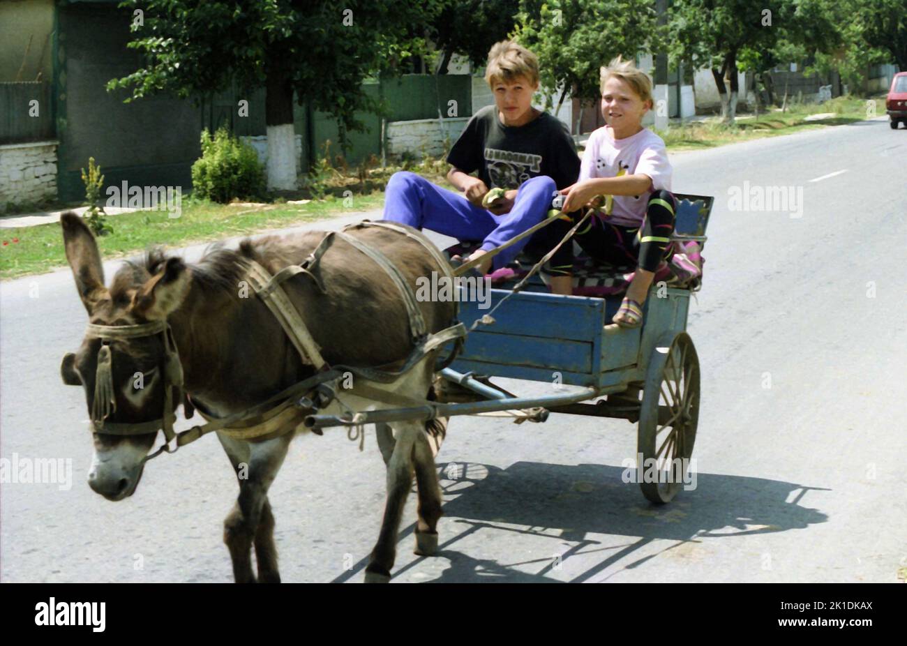 Tulcea County, Romania, 1993. Children riding a donkey- drawn cart on ...
