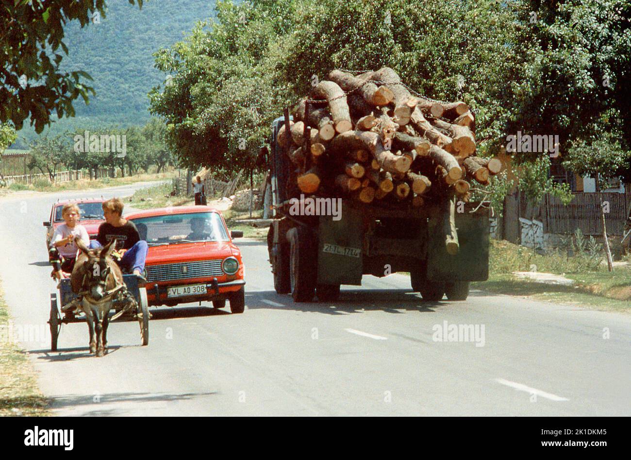 Tulcea County, Romania, 1993. Children riding a donkey- drawn cart on ...