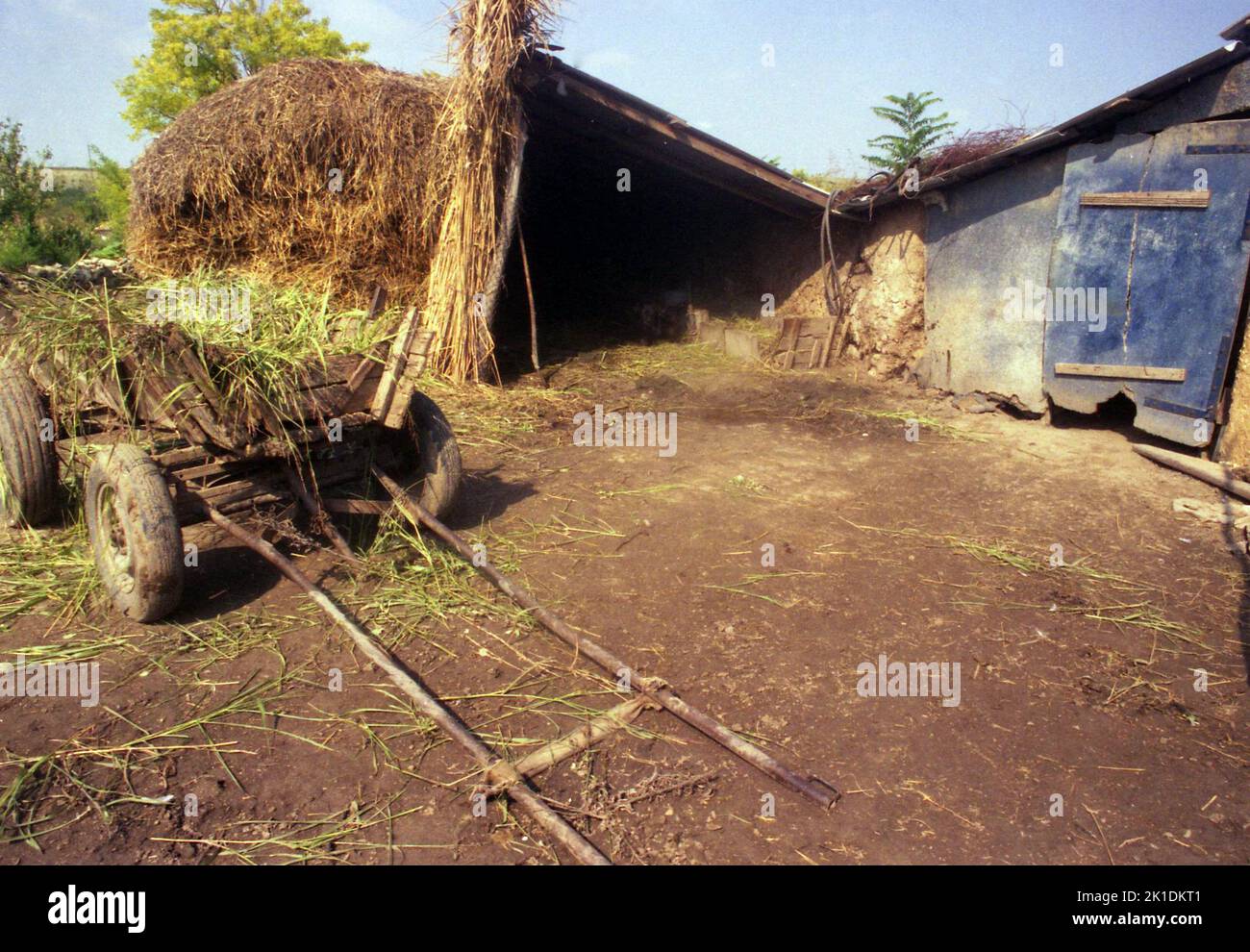 Yard of a primitive farmhouse in Romania, with simple sheds, a wagon ...