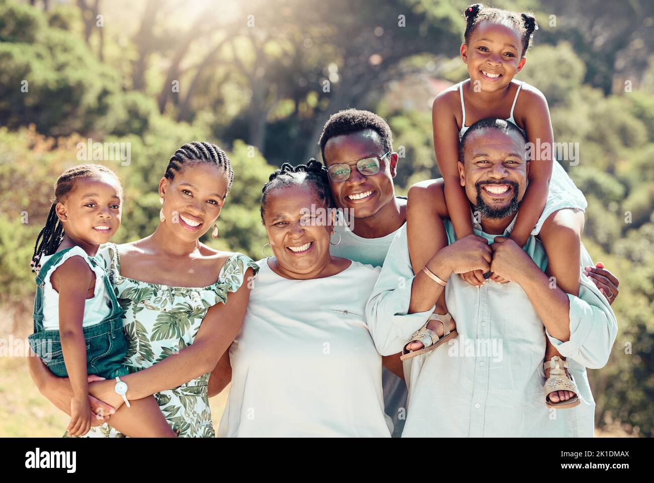 Face portrait of family in nature park, parents in garden with children ...