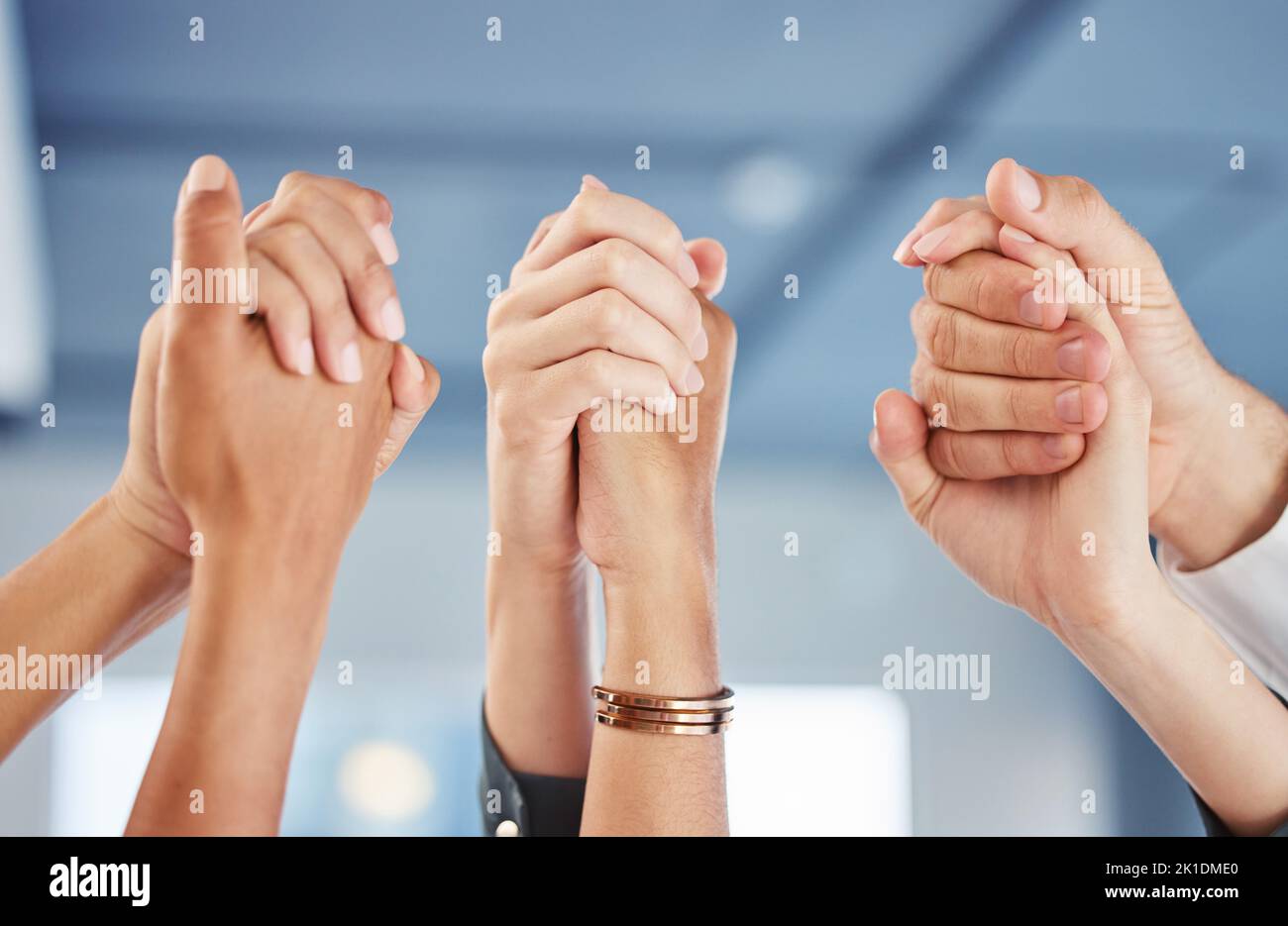 Teamwork, hands and motivation with a team of people working in ...