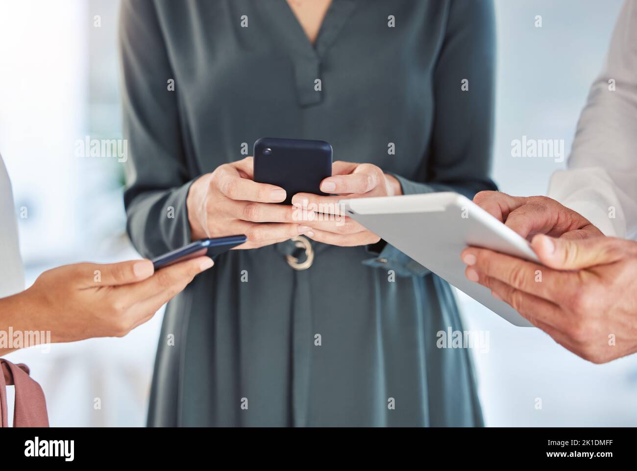 Business hands group, digital phone communication and tablet internet ...