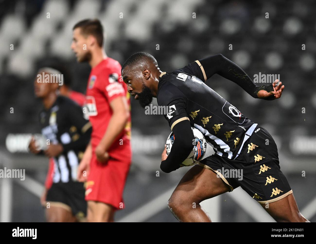 Charleroi's Isaac Mbenza celebrates after scoring during a soccer match ...