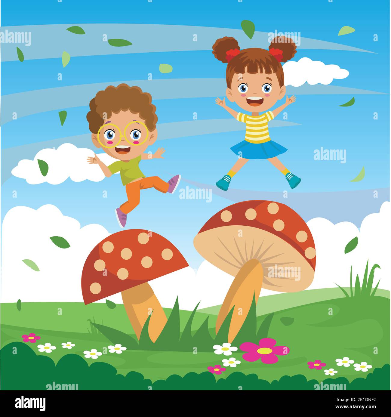 happy kids jumping on red cute mushrooms Stock Vector Image & Art - Alamy