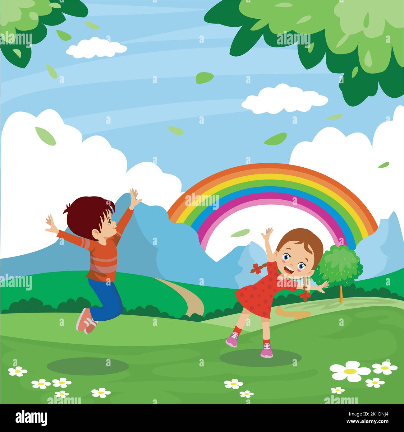 happy boy and girl jumping under rainbow Stock Vector Image & Art - Alamy