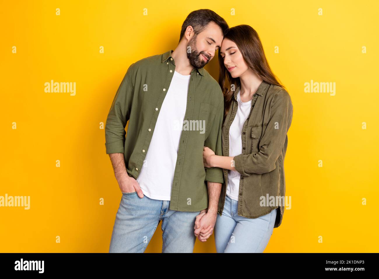 Portrait of attractive dreamy sweet cute couple bonding spending time ...