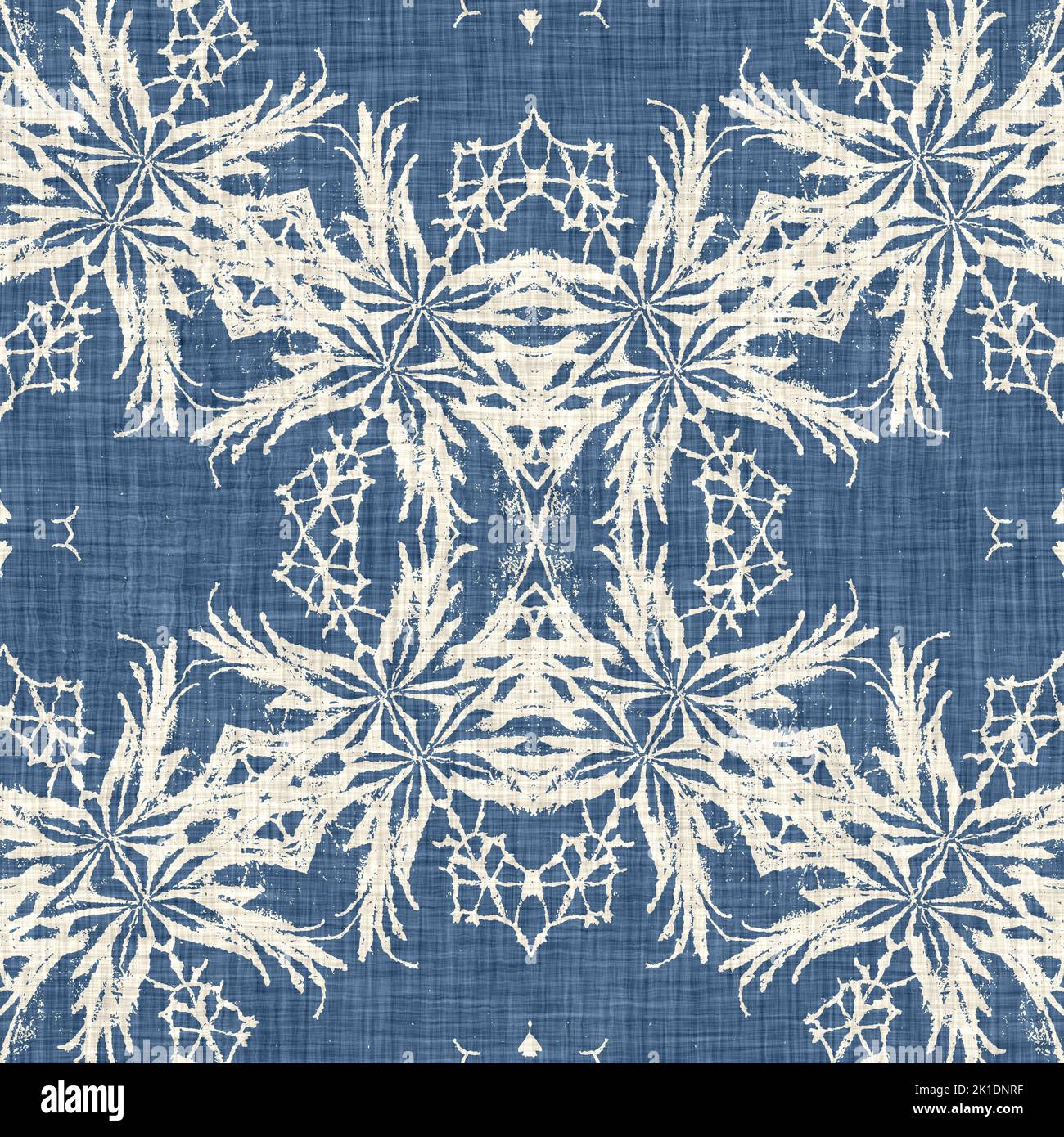 Farmhouse blue snow flake pattern background. Frosty batik french ...
