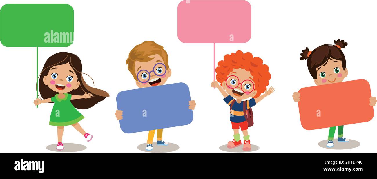 Cute and happy children holding placard your text here note paper Stock ...