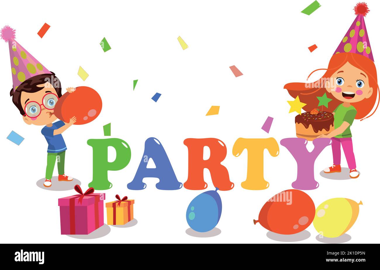 happy kids with birthday party party lettering background Stock Vector ...