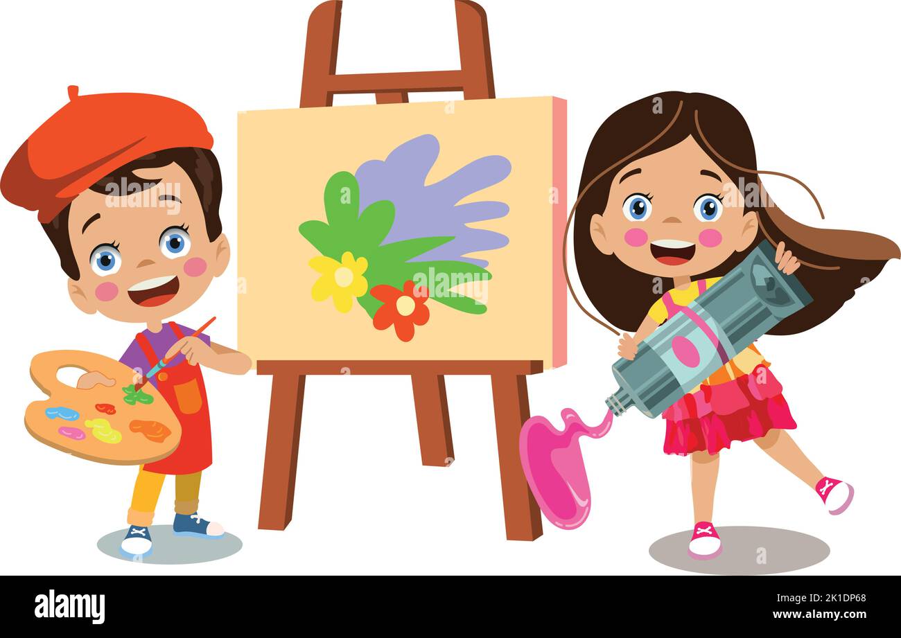 cute painter boy and girl squeezing oil paint Stock Vector Image & Art ...
