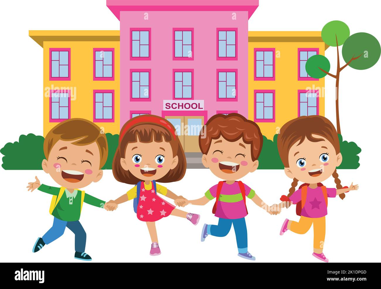 Happy Kids Going To School Holding Hands Stock Vector Image & Art - Alamy