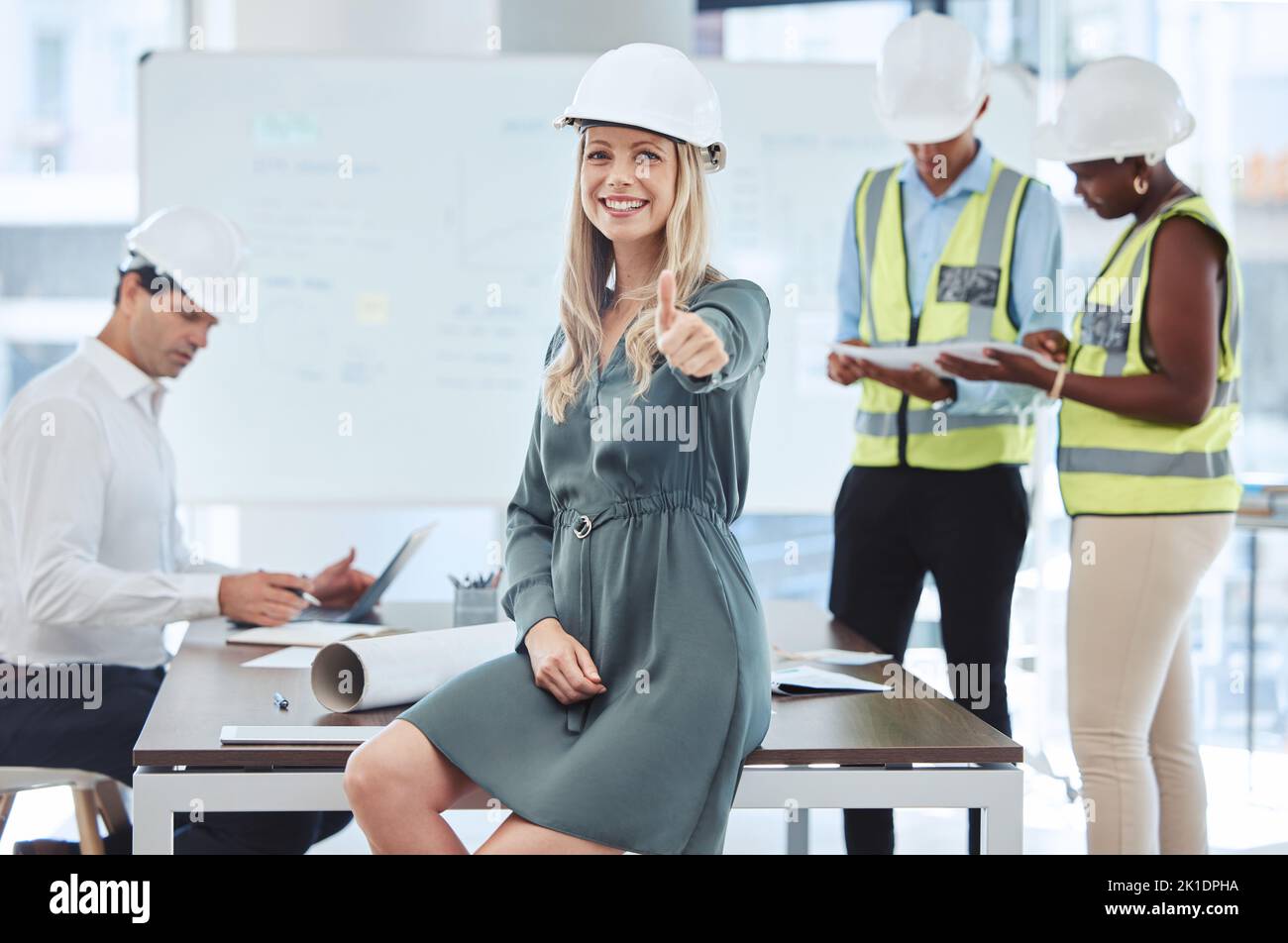 Thumbs up, success and hand emoji of architect business woman or ...