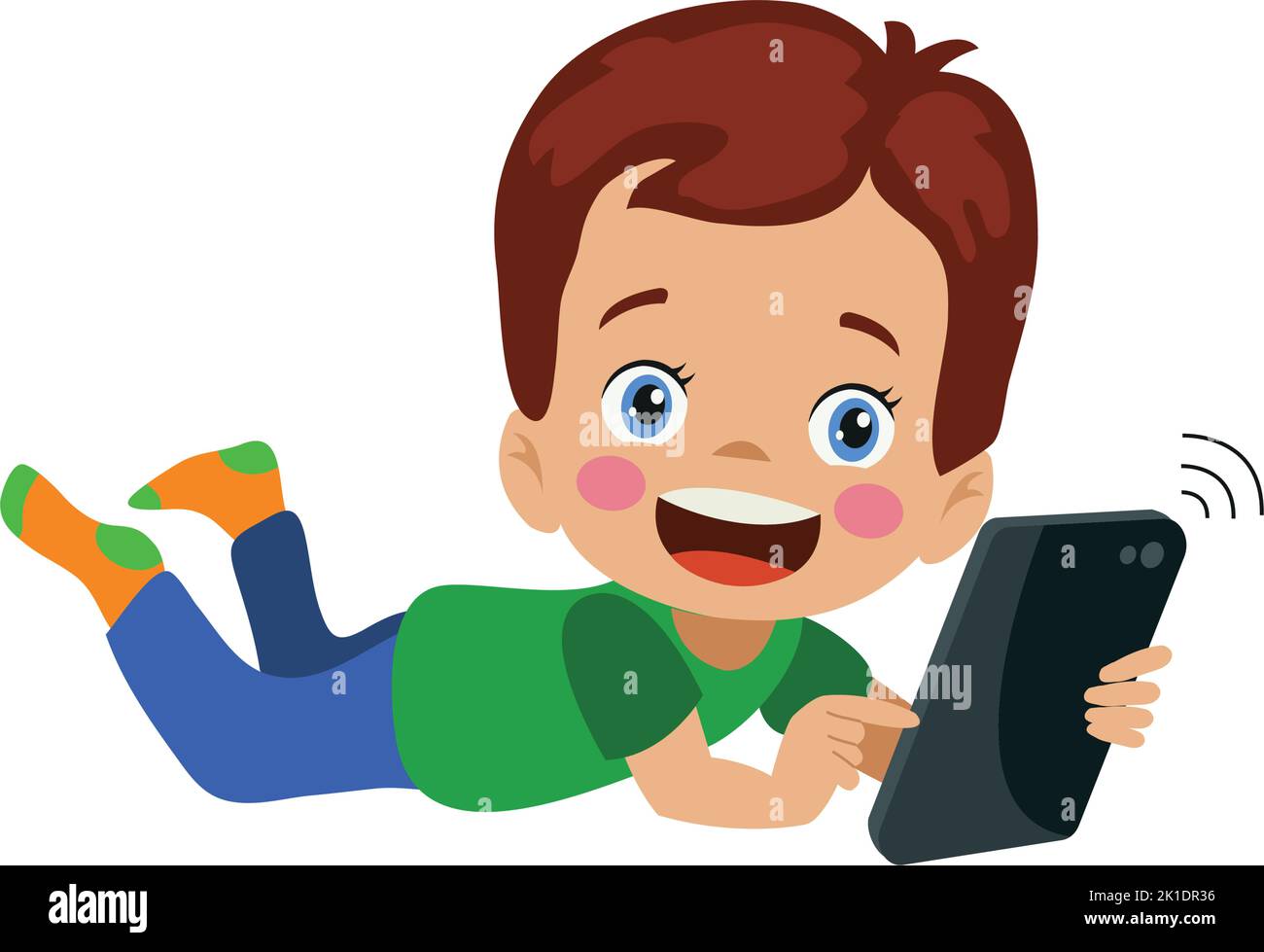 happy cute boy playing with his phone lying down Stock Vector Image ...