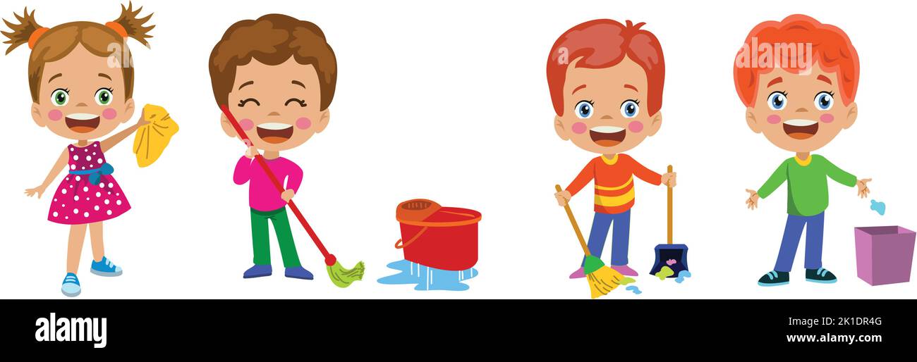 cute kids cleaning mop collecting garbage and sweeping Stock Vector ...