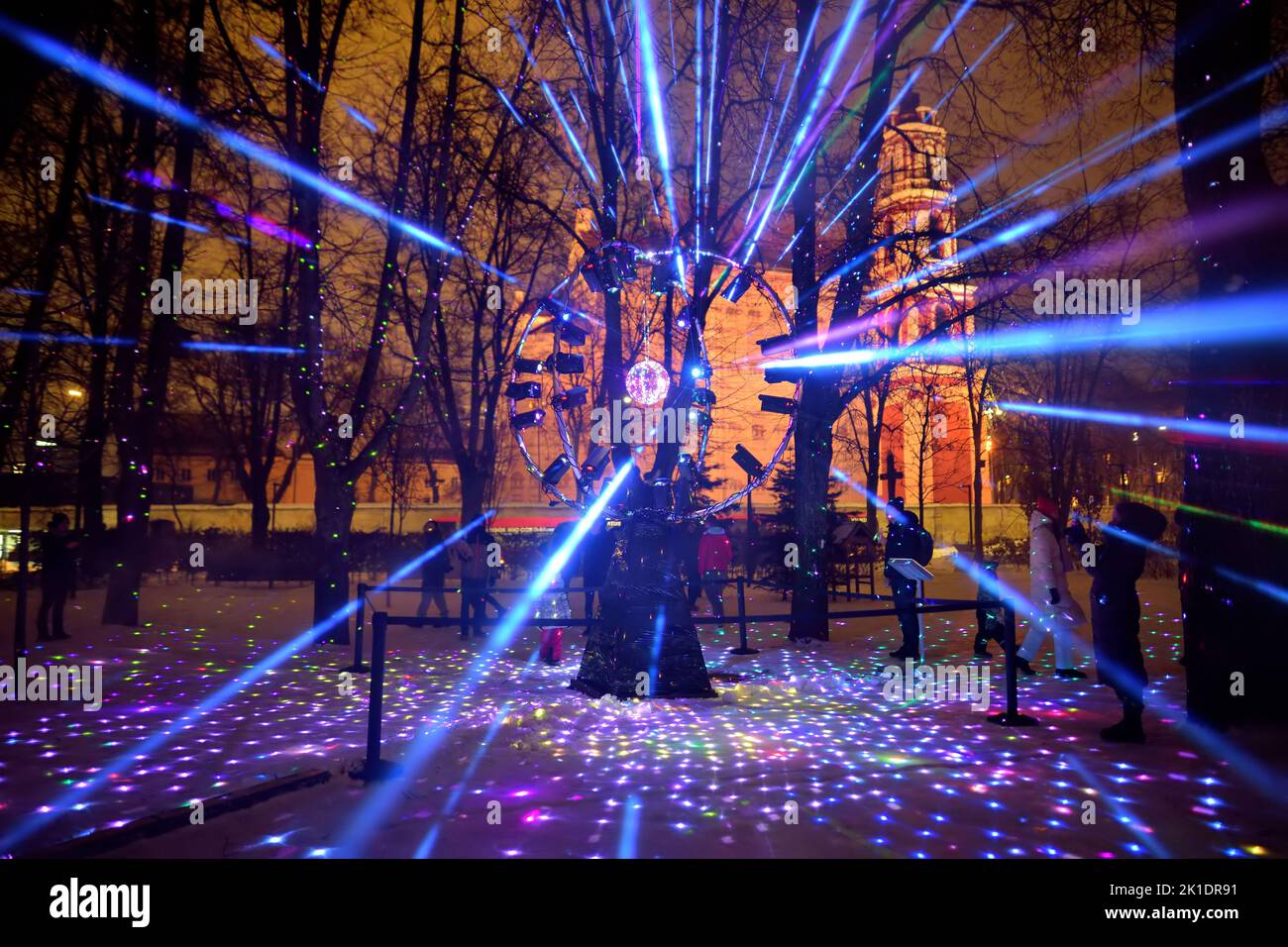 VILNIUS, LITHUANIA - JANUARY 26, 2022: Scenic light installations ...