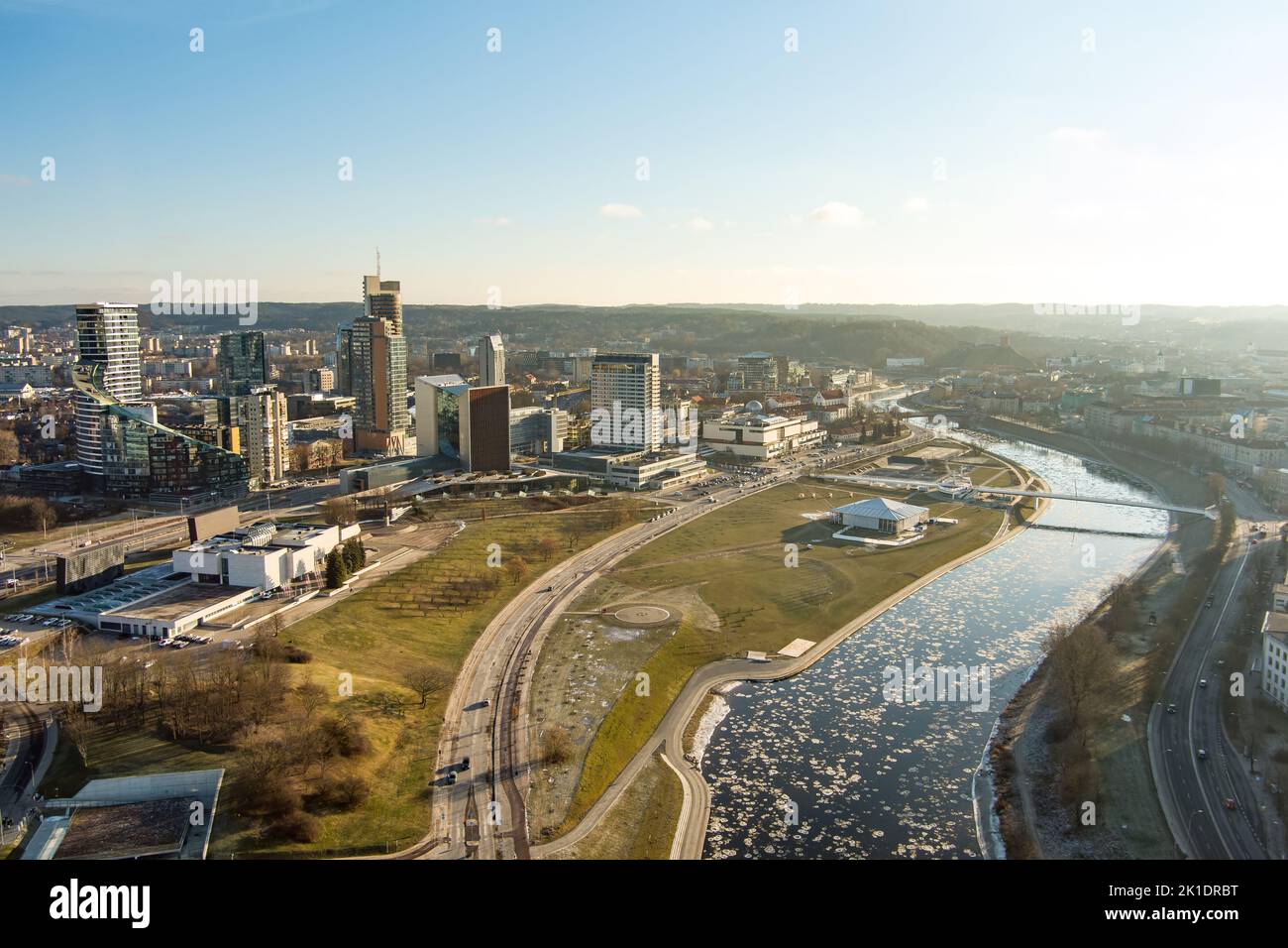 Beautiful Vilnius city panorama in winter. Aerial sunset view. Winter ...