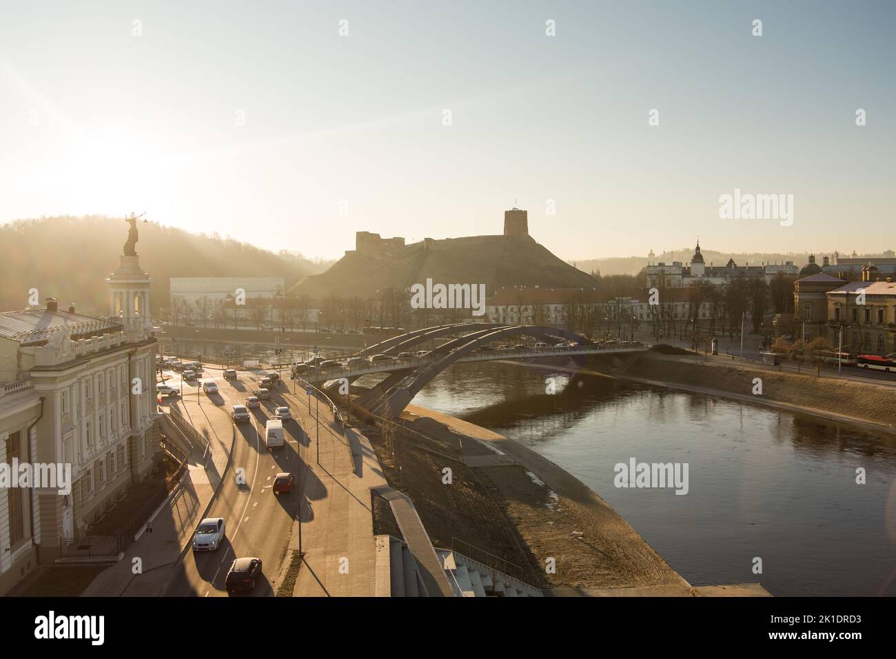 Beautiful Vilnius city panorama in winter. Aerial sunrise view. Winter ...