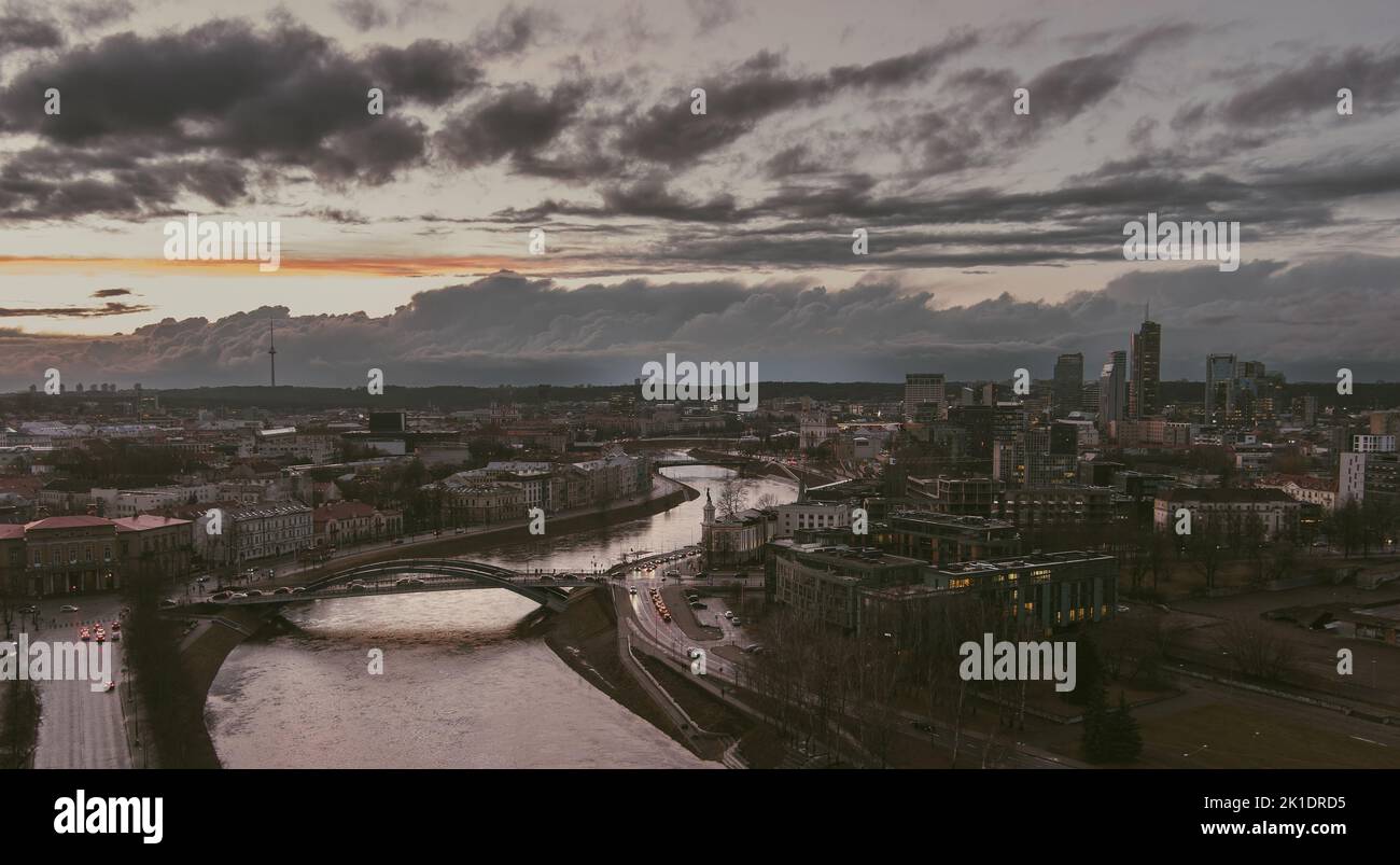 Beautiful Vilnius city panorama in winter. Aerial sunset view. Winter ...