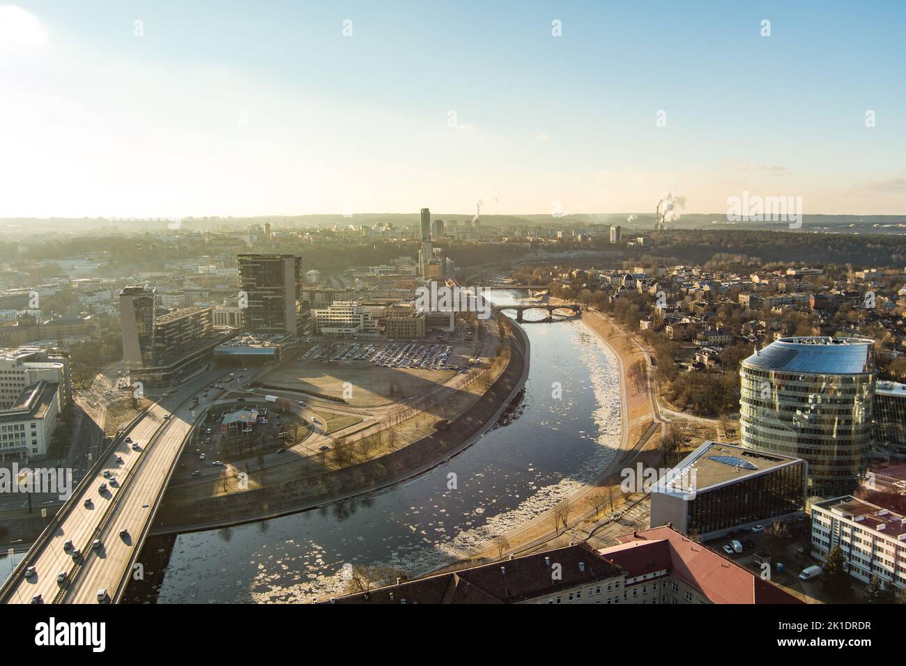 Beautiful Vilnius city panorama in winter. Aerial sunset view. Winter ...