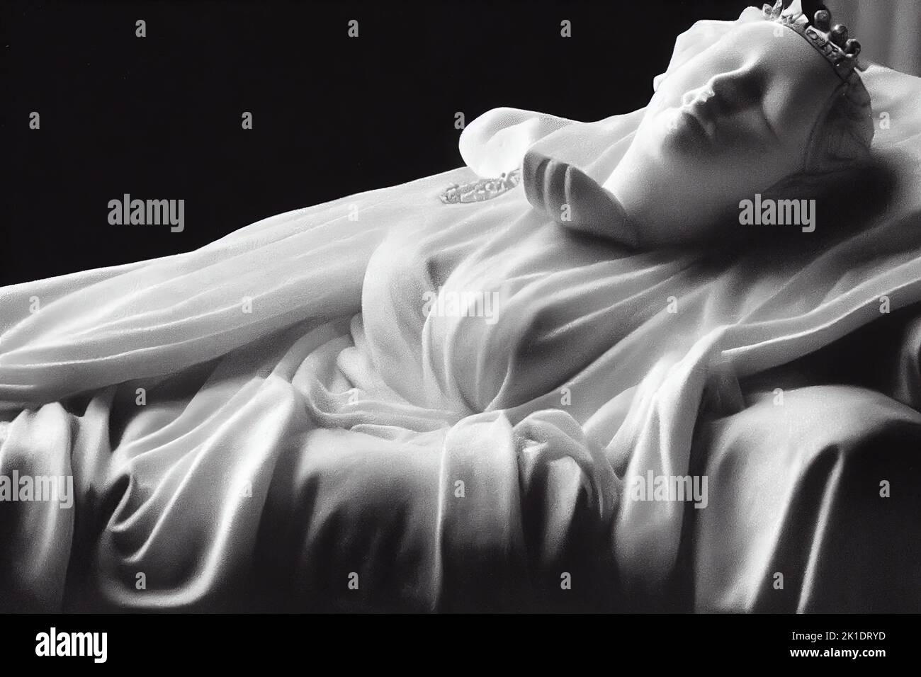 A vertical grayscale clay figurine of young Queen Elizabeth II lying in ...