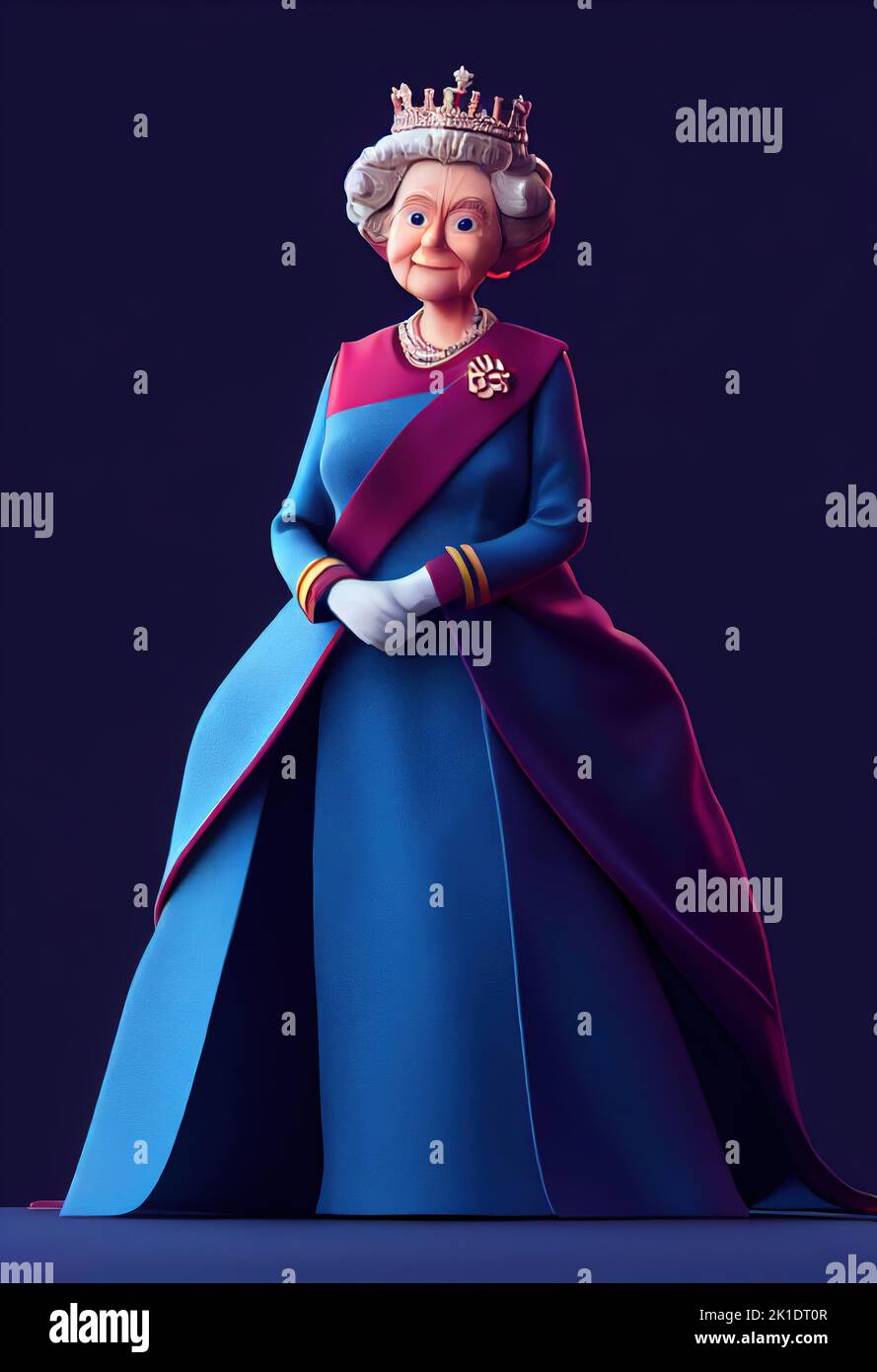A vertical 3D figure of Queen Elizabeth II in a blue gown with a ...