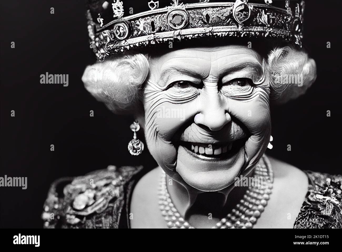 A grayscale artwork of Queen Elizabeth II smiling in her crown Stock ...