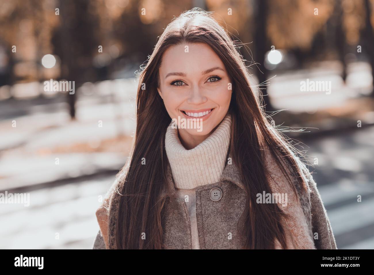 Portrait of pretty cute cheerful lady free time enjoy adventure forest ...