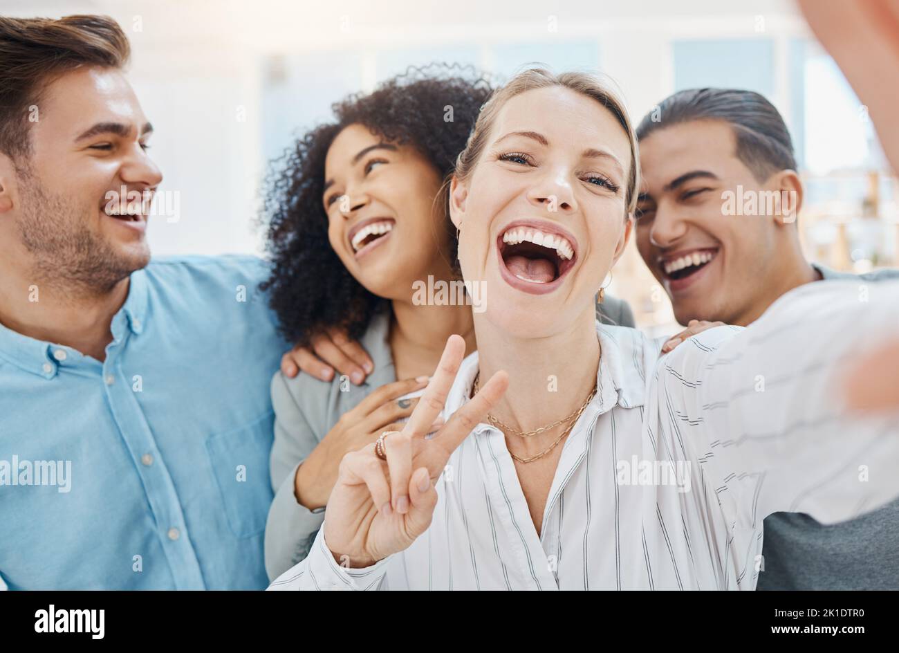 Work photograph, friends and office selfie fun in break time together ...