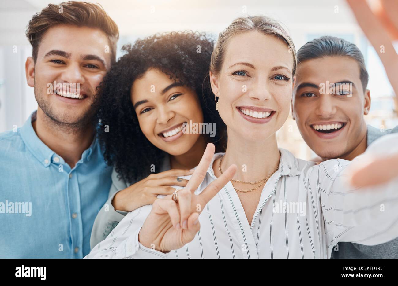 Corporate selfie, team building and office friends in diverse company ...