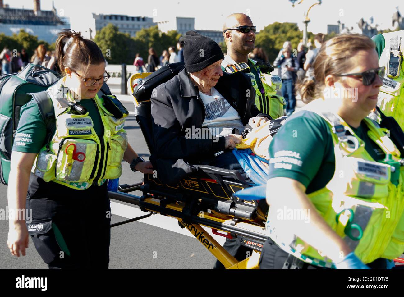 London, UK. 17th Sep, 2022. A man is carried by medical team at ...
