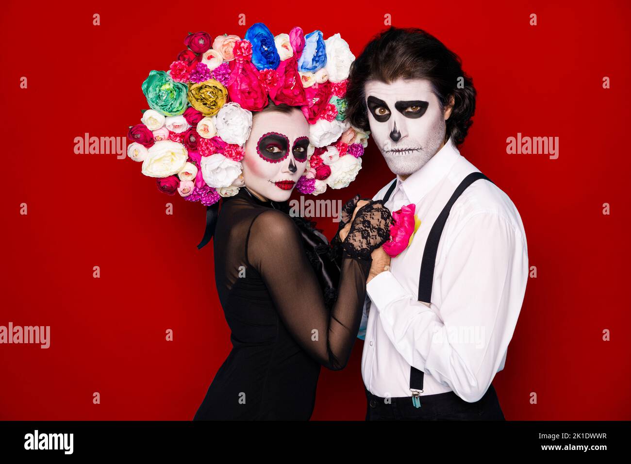 Profile photo of spooky couple man girl lady married hold hands dance ...