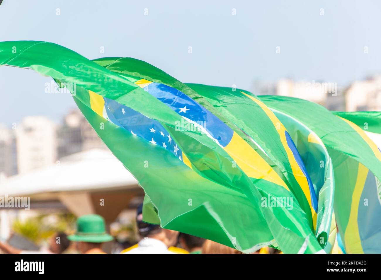 Brazilian flag outdoors in Rio de Janeiro Brazil Stock Photo - Alamy