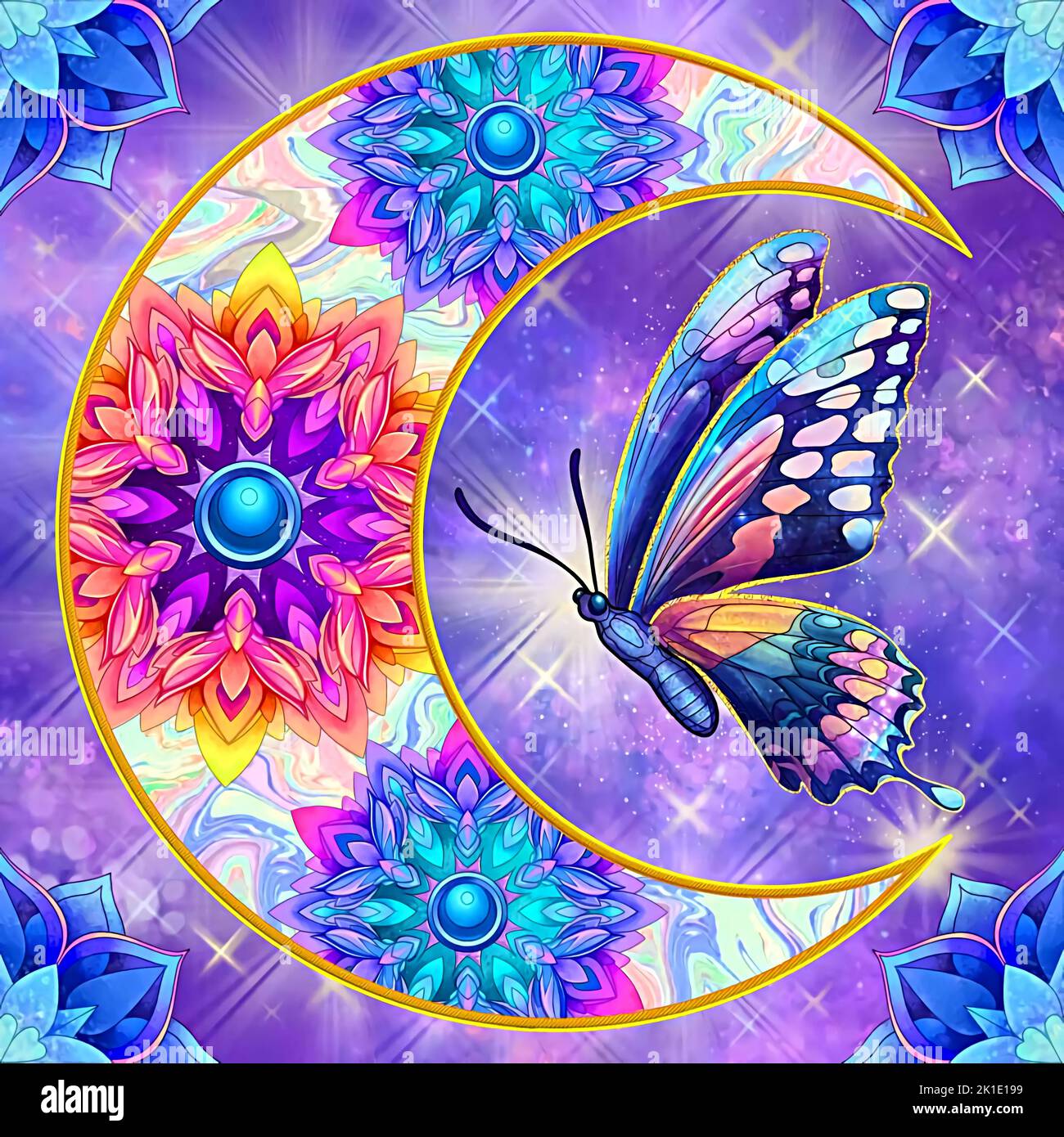 picture of blue butterfly, crescent moon with flower pattern Stock ...