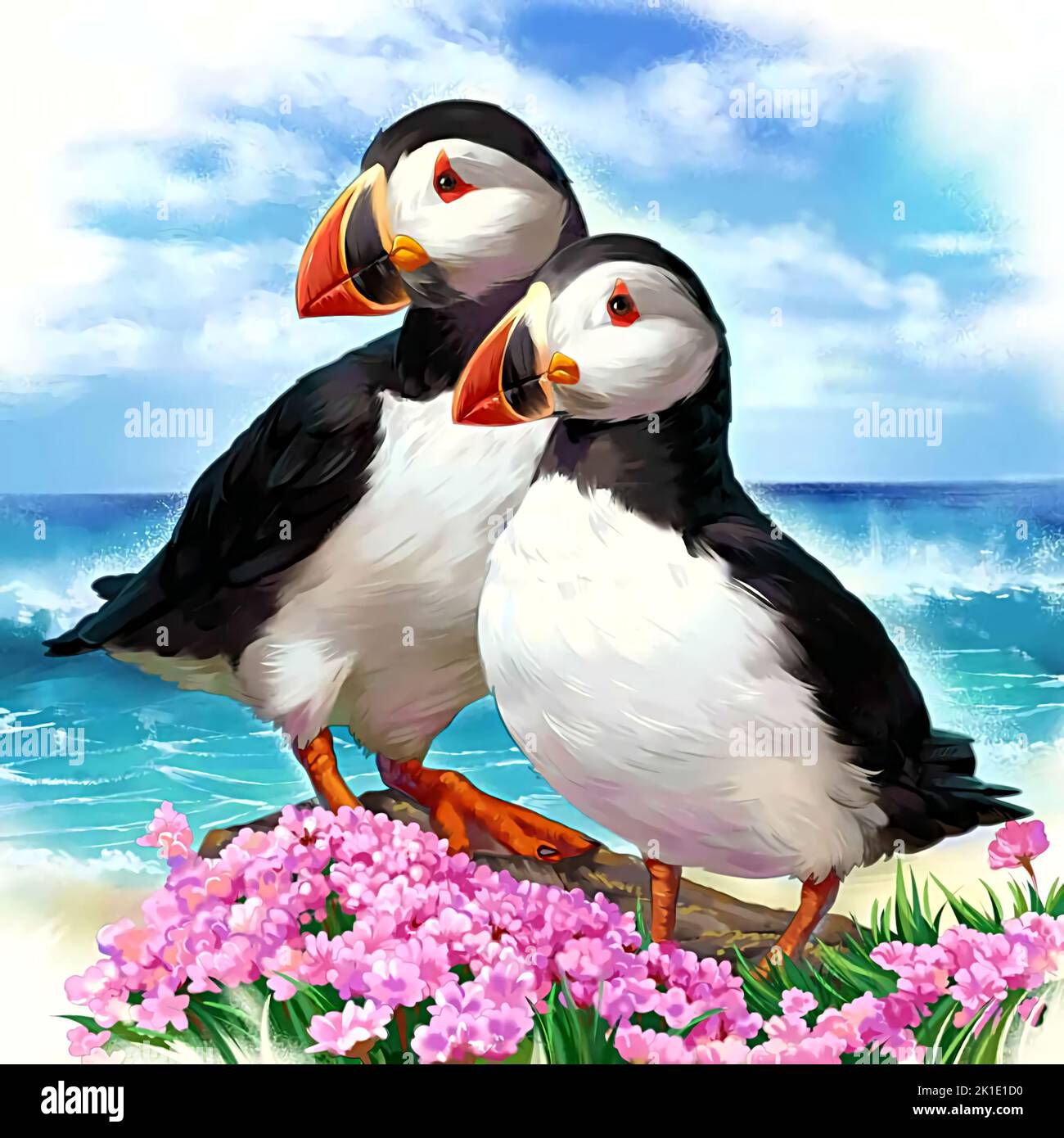 picture of a puffin bird with pink and purple flowers on the beach ...