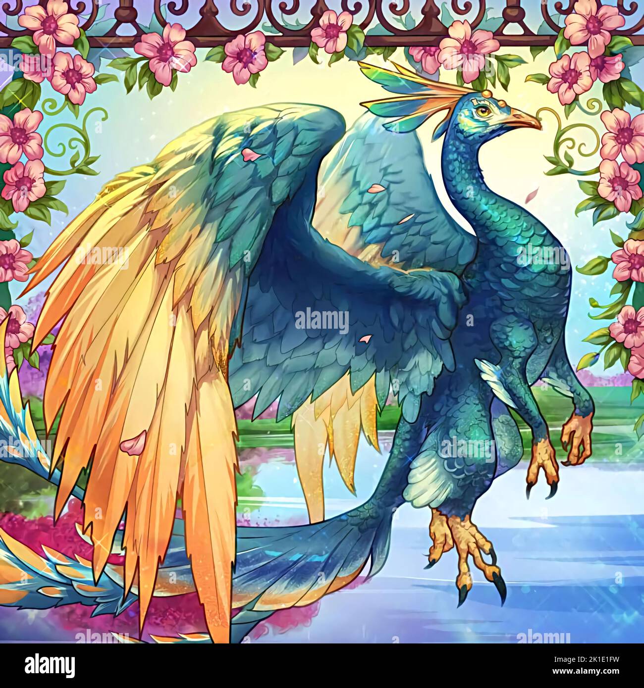 picture of a phoenix flying over the river with flower frame Stock ...