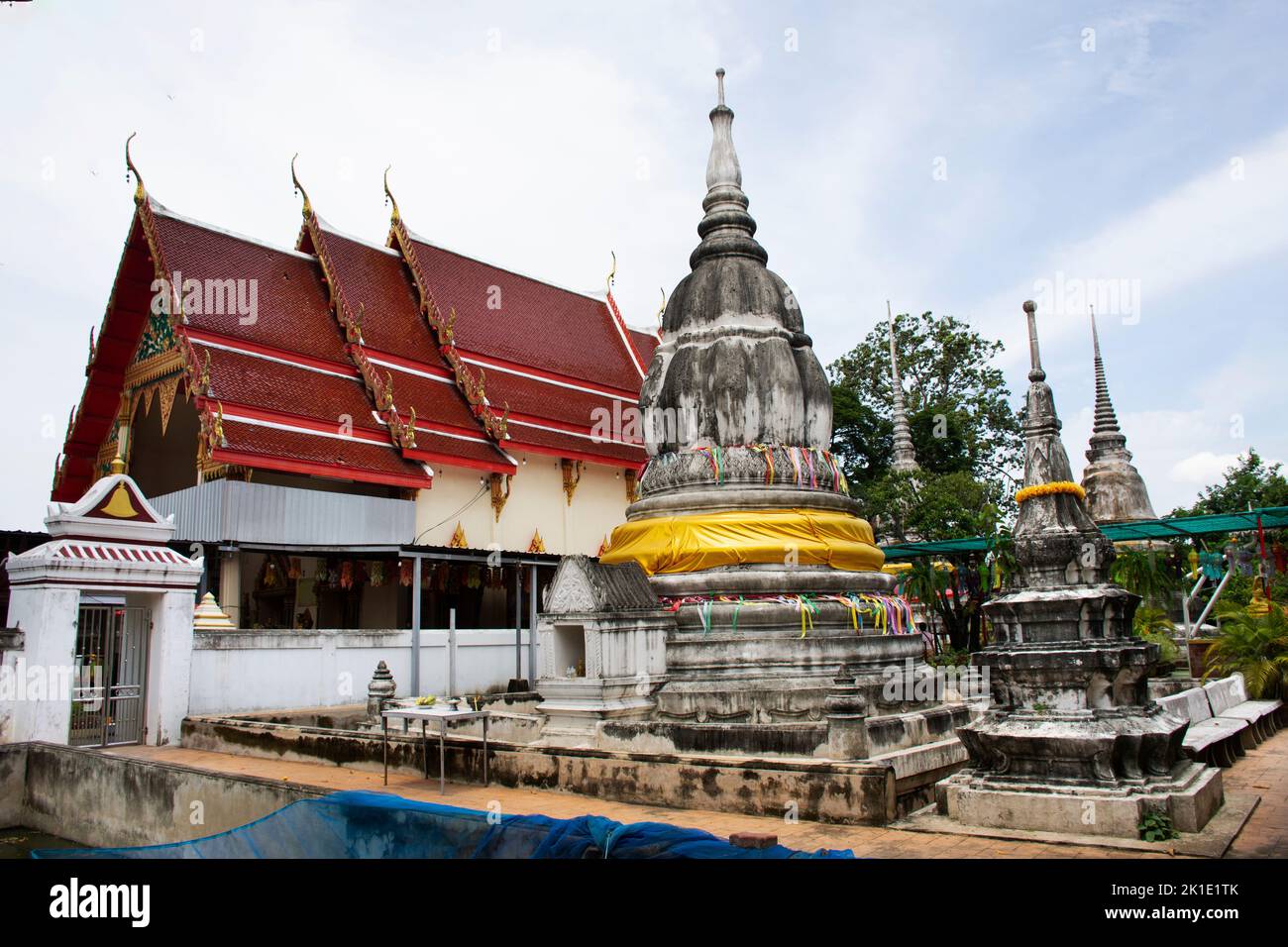 Ancient stupa or antique chedi and ruins buddha and ubosot for thai ...