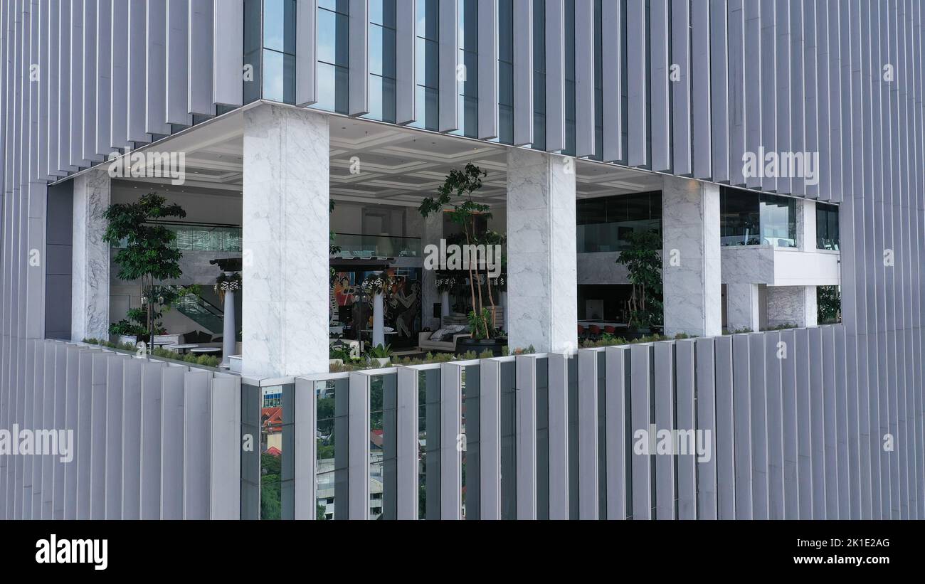 Open space balcony with Jakarta cityscape skyline view background. View ...