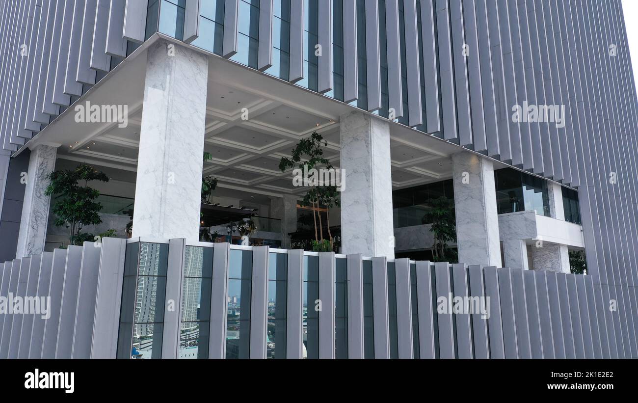 Open space balcony with Jakarta cityscape skyline view background. View ...