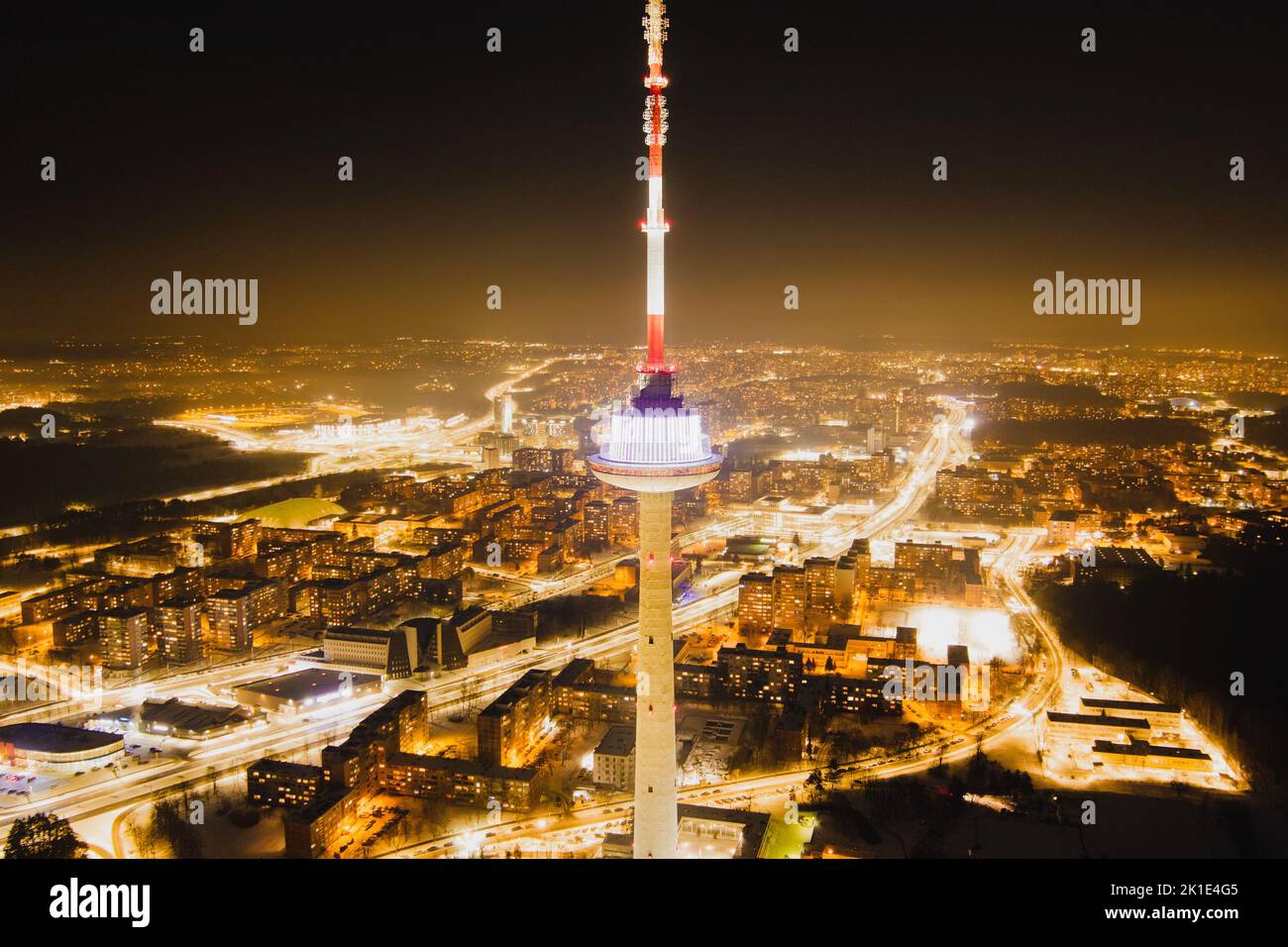 Scenic aerial night view of illuminated Vilnius TV tower. Nightlife of ...