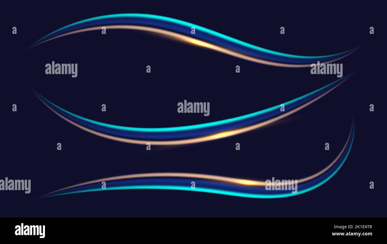 Set of blue glowing lighting effect wave lines elements isolated on ...
