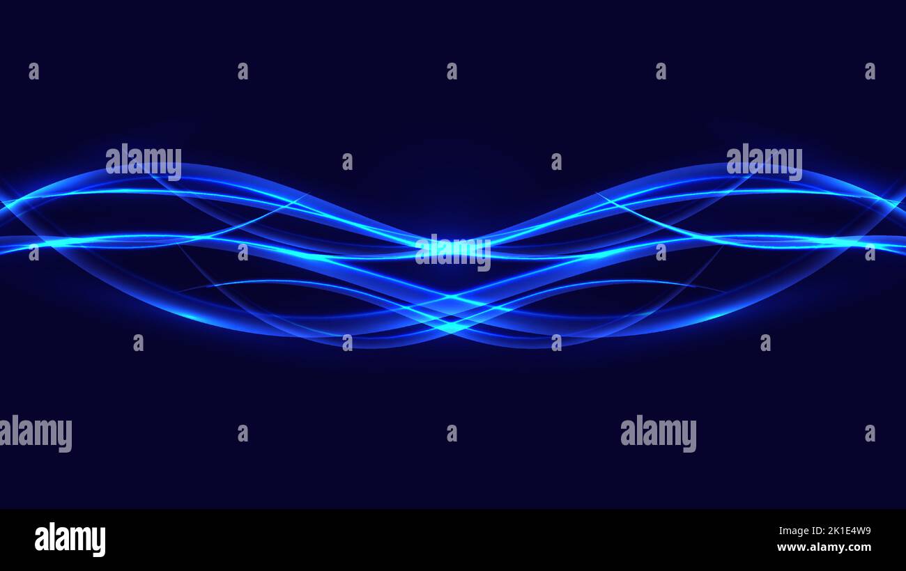 Abstract blue neon shiny glowing wave moving lines with lighting effect ...