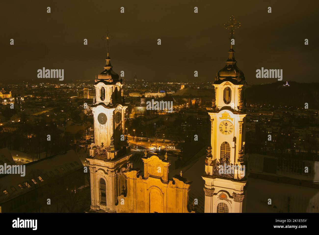 Aerial night view of church of the Ascension of the Lord in Vilnius ...