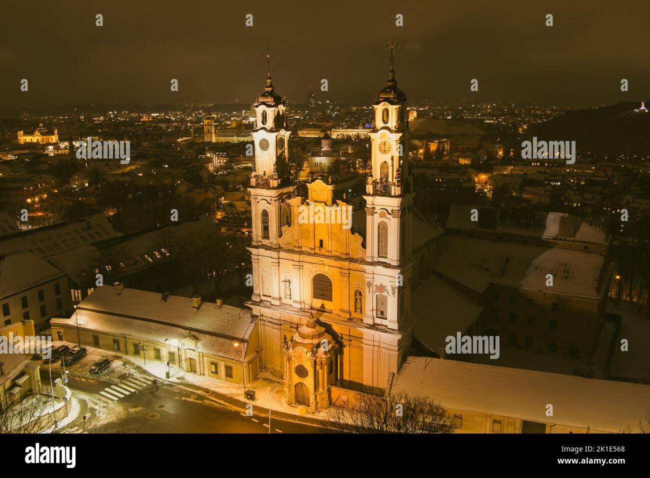 Aerial night view of church of the Ascension of the Lord in Vilnius ...