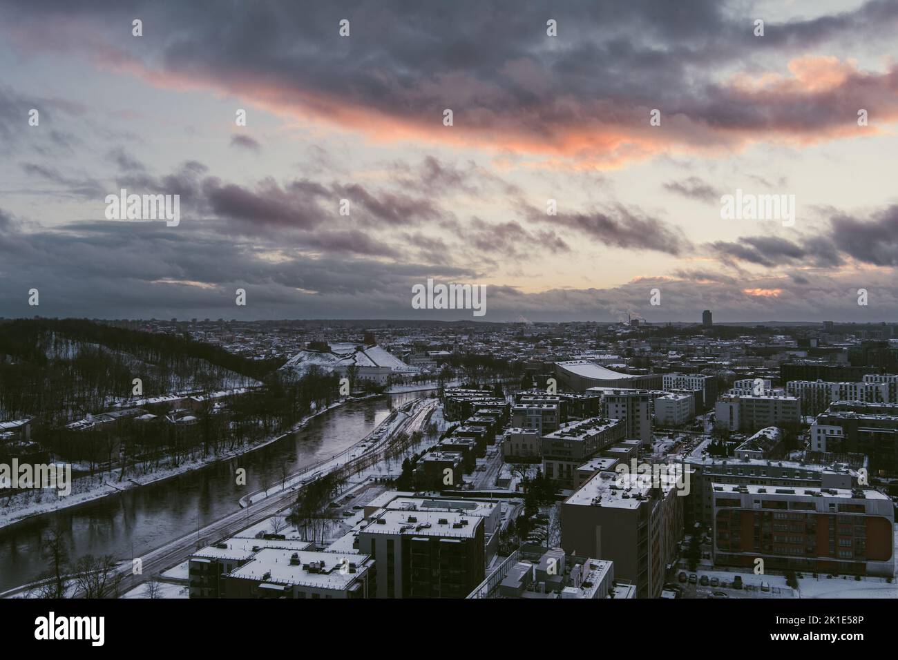 Beautiful Vilnius city panorama in winter with snow covered houses ...