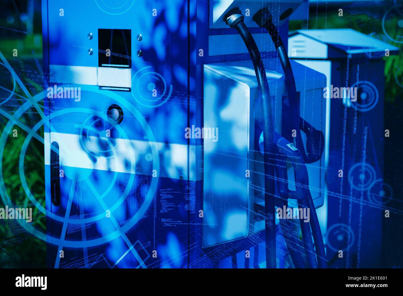 Binary codes and lines against electric charging point at charging ...